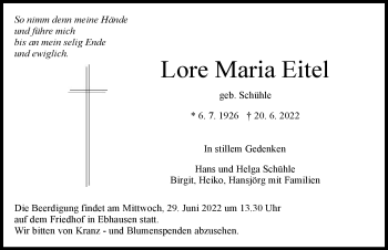 Traueranzeigen von Lore Maria Eitel | Schwarzwälder Bote Trauer