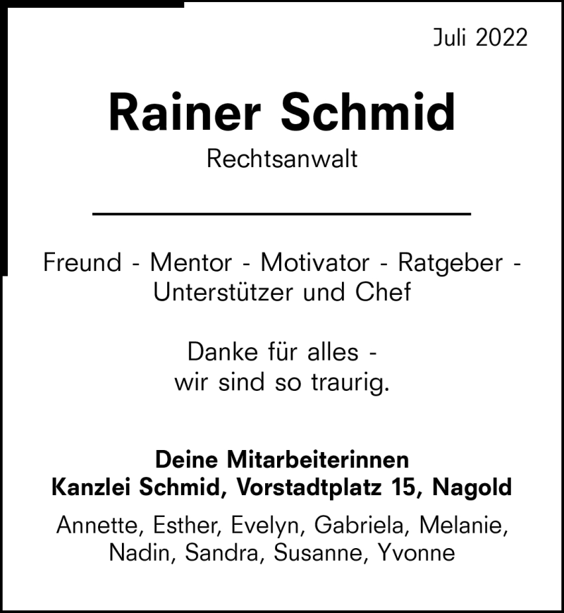 Traueranzeigen von Rainer Schmid | Schwarzwälder Bote Trauer