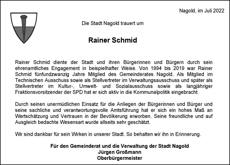 Traueranzeigen von Rainer Schmid | Schwarzwälder Bote Trauer