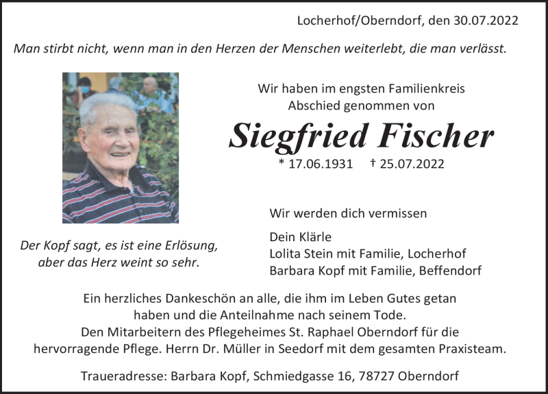 Traueranzeigen von Siegfried Fischer | Schwarzwälder Bote Trauer