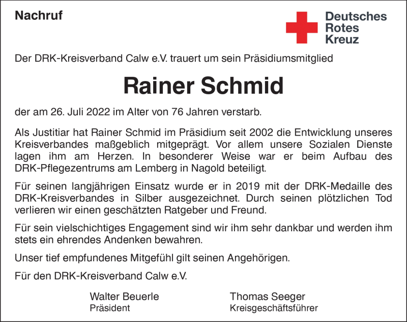 Traueranzeigen von Rainer Schmid | Schwarzwälder Bote Trauer