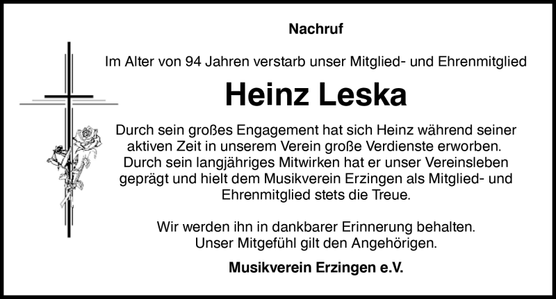 Traueranzeigen von Heinz Leska | Schwarzwälder Bote Trauer