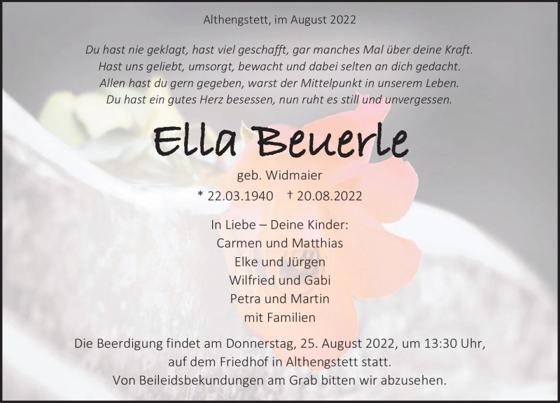 Traueranzeigen von Ella Beuerle | Schwarzwälder Bote Trauer