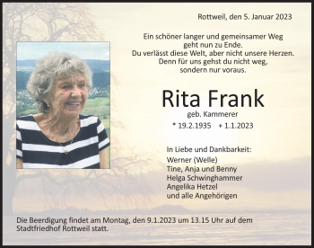 Traueranzeigen von Rita Frank | Schwarzwälder Bote Trauer