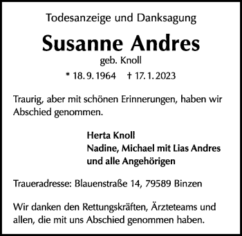 Traueranzeigen von Susanne Andres | Schwarzwälder Bote Trauer