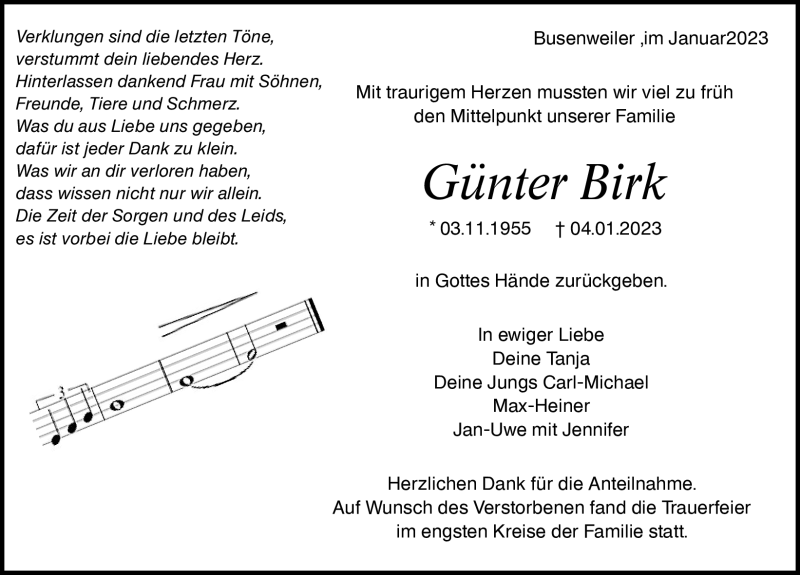 Traueranzeigen von Günter Birk | Schwarzwälder Bote Trauer