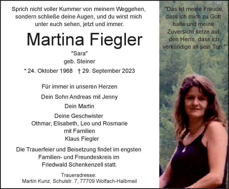 Traueranzeigen von Martina Fiegler | Schwarzwälder Bote Trauer