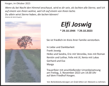Traueranzeigen von Elfi Joswig | Schwarzwälder Bote Trauer