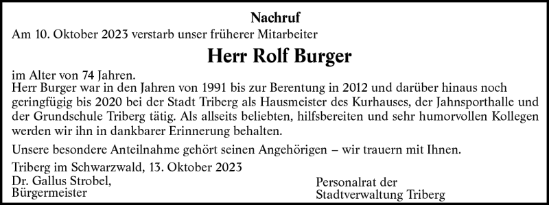 Traueranzeigen von Rolf Burger | Schwarzwälder Bote Trauer