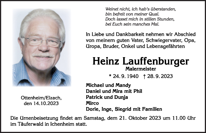 Traueranzeigen von Heinz Lauffenburger | Schwarzwälder Bote Trauer