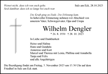 Traueranzeigen von Wilhelm Dengler | Schwarzwälder Bote Trauer