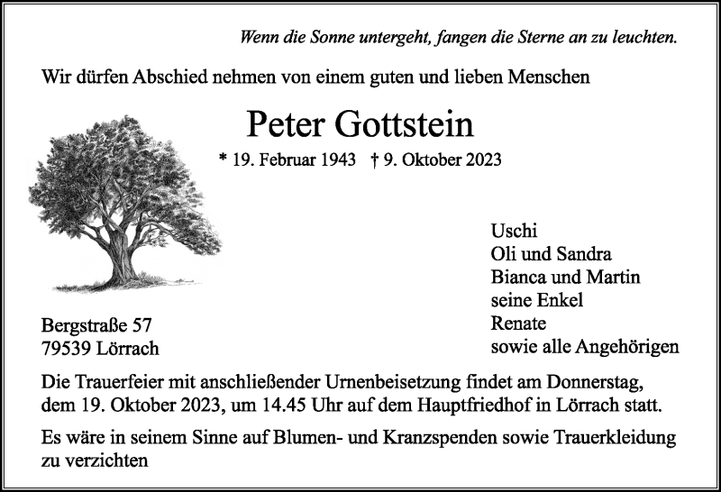 Traueranzeigen von Peter Gottstein | Schwarzwälder Bote Trauer