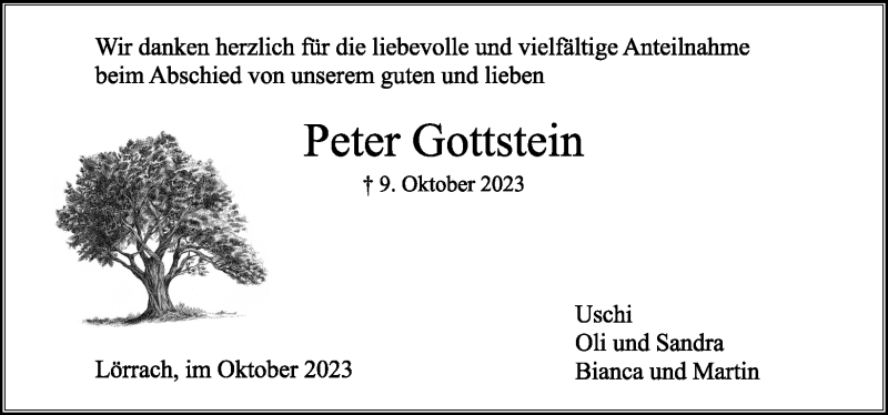 Traueranzeigen von Peter Gottstein | Schwarzwälder Bote Trauer