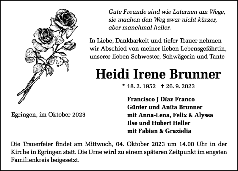Traueranzeigen von Heidi Irene Brunner | Schwarzwälder Bote Trauer
