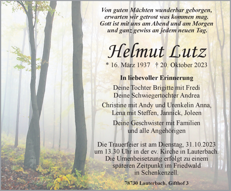 Traueranzeigen von Helmut Lutz | Schwarzwälder Bote Trauer