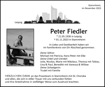 Traueranzeigen von Peter Fiedler | Schwarzwälder Bote Trauer