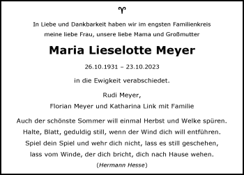 Traueranzeigen von Liselotte Meyer | Schwarzwälder Bote Trauer