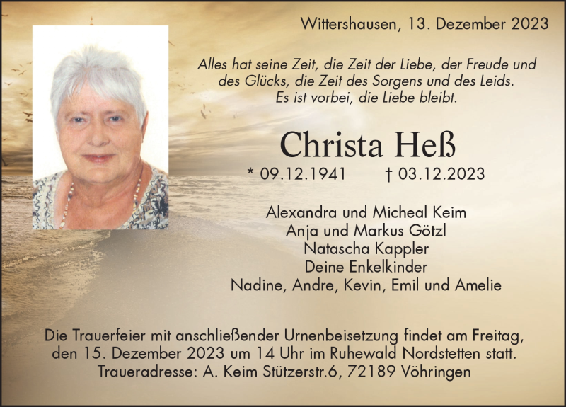Traueranzeigen von Christa Heß | Schwarzwälder Bote Trauer