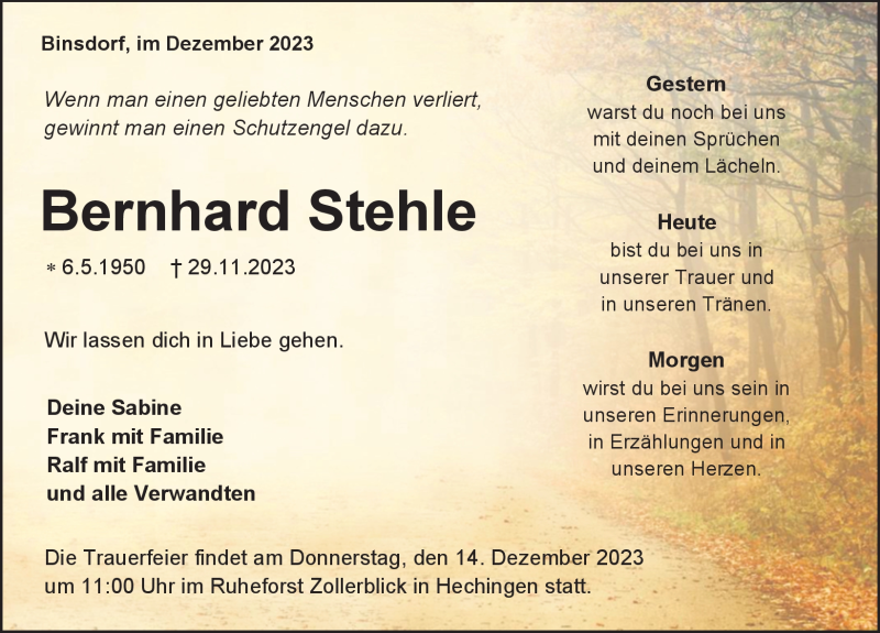 Traueranzeigen von Bernhard Stehle | Schwarzwälder Bote Trauer