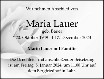 Traueranzeigen von Maria Lauer | Schwarzwälder Bote Trauer