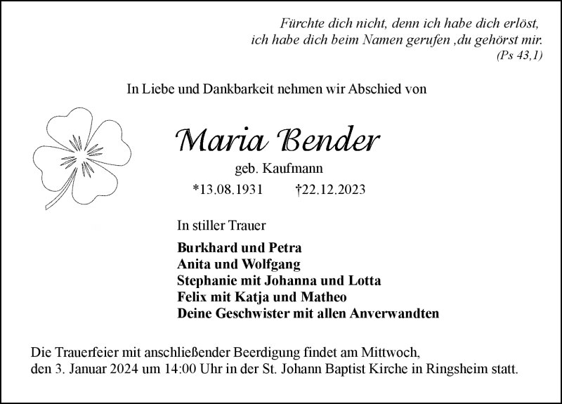 Traueranzeigen von Maria Bender | Schwarzwälder Bote Trauer