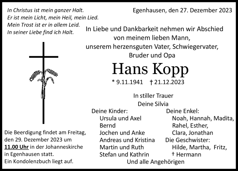 Traueranzeigen von Hans Kopp | Schwarzwälder Bote Trauer