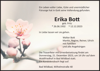 Traueranzeigen von Erika Bott | Schwarzwälder Bote Trauer