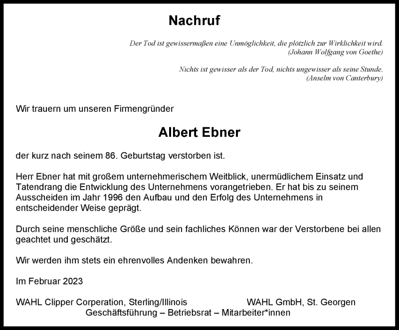 Traueranzeigen von Albert Ebner | Schwarzwälder Bote Trauer