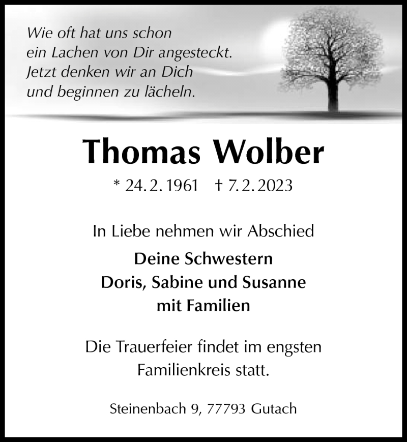 Traueranzeigen von Thomas Wolber | Schwarzwälder Bote Trauer
