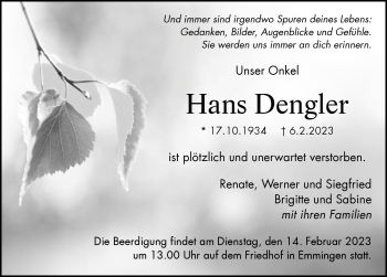 Traueranzeigen von Hans Dengler | Schwarzwälder Bote Trauer