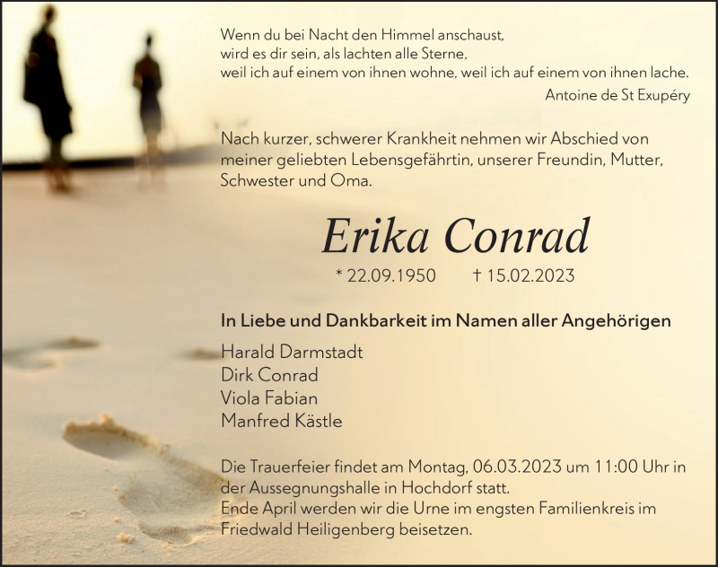 Traueranzeigen von Erika Conrad | Schwarzwälder Bote Trauer