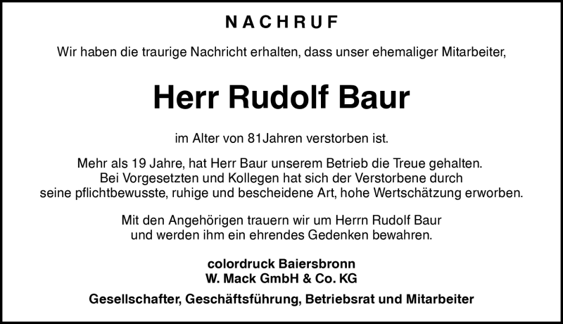 Traueranzeigen von Rudolf Baur | Schwarzwälder Bote Trauer