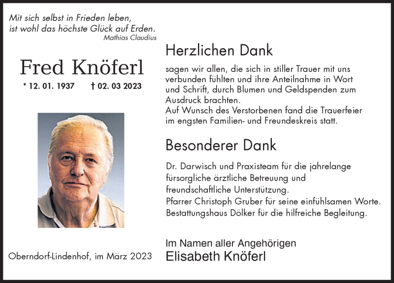 Traueranzeigen von Fred Knöferl | Schwarzwälder Bote Trauer