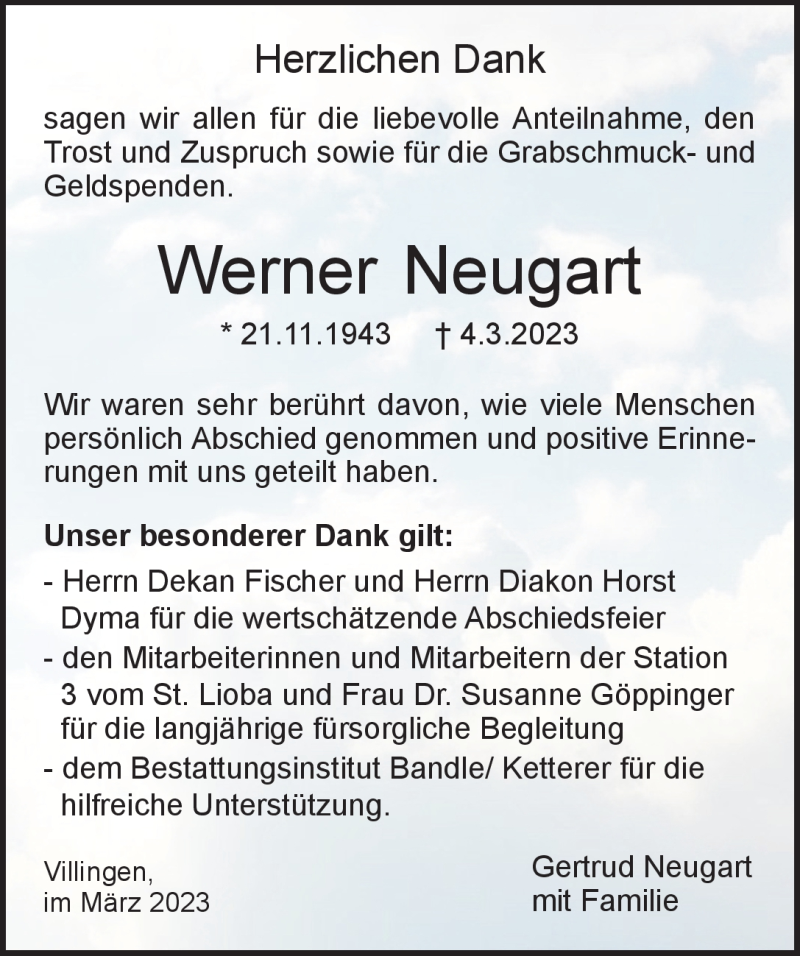 Traueranzeigen von Werner Neugart | Schwarzwälder Bote Trauer