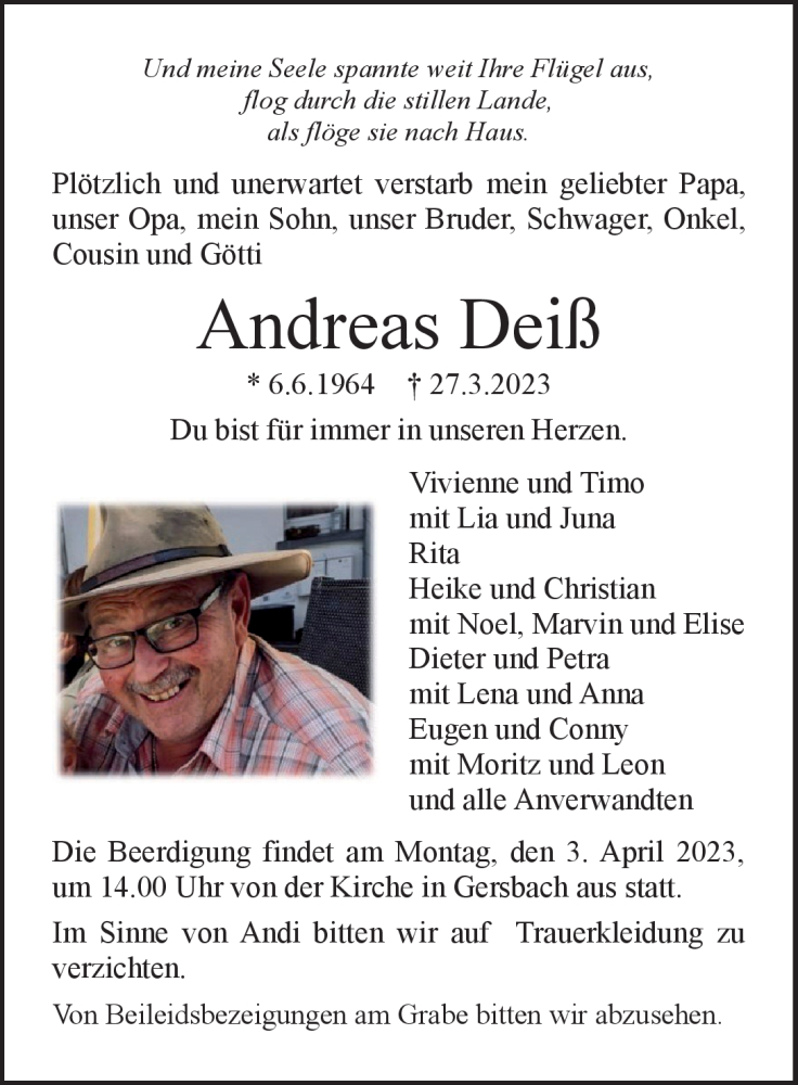 Traueranzeigen von Andreas Deiß | Schwarzwälder Bote Trauer