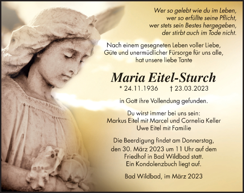 Traueranzeigen von Maria Eitel-Sturch | Schwarzwälder Bote Trauer