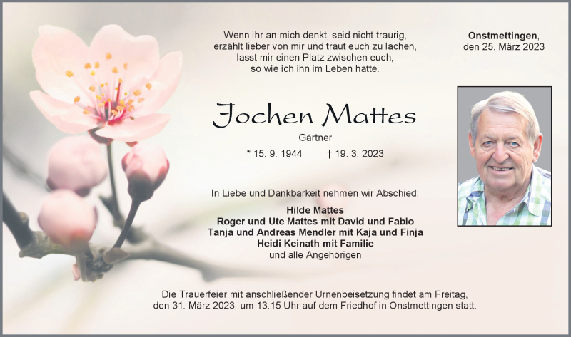 Traueranzeigen von Jochen Mattes | Schwarzwälder Bote Trauer