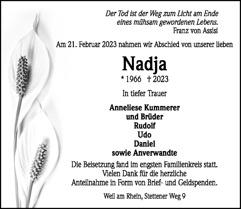 Traueranzeigen von Nadja | Schwarzwälder Bote Trauer
