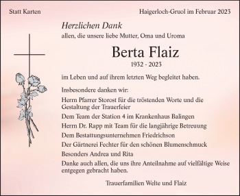 Traueranzeigen von Berta Flaiz | Schwarzwälder Bote Trauer