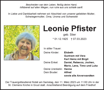 Traueranzeigen von Leonie Pfister | Schwarzwälder Bote Trauer