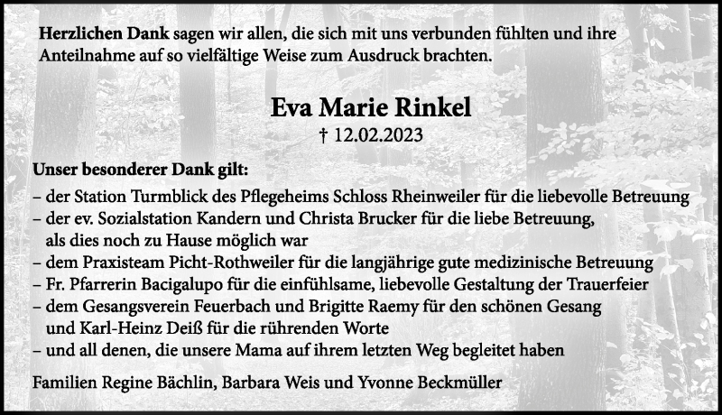Traueranzeigen von Eva Marie Rinkel | Schwarzwälder Bote Trauer