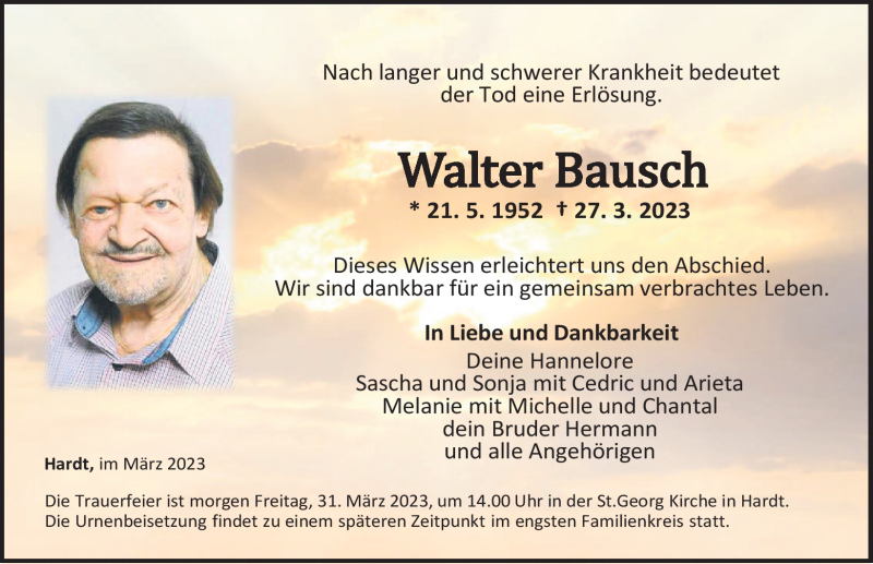 Traueranzeigen von Walter Bausch | Schwarzwälder Bote Trauer
