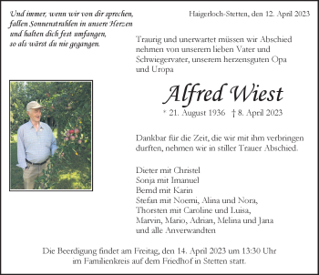 Traueranzeigen von Alfred Wiest | Schwarzwälder Bote Trauer