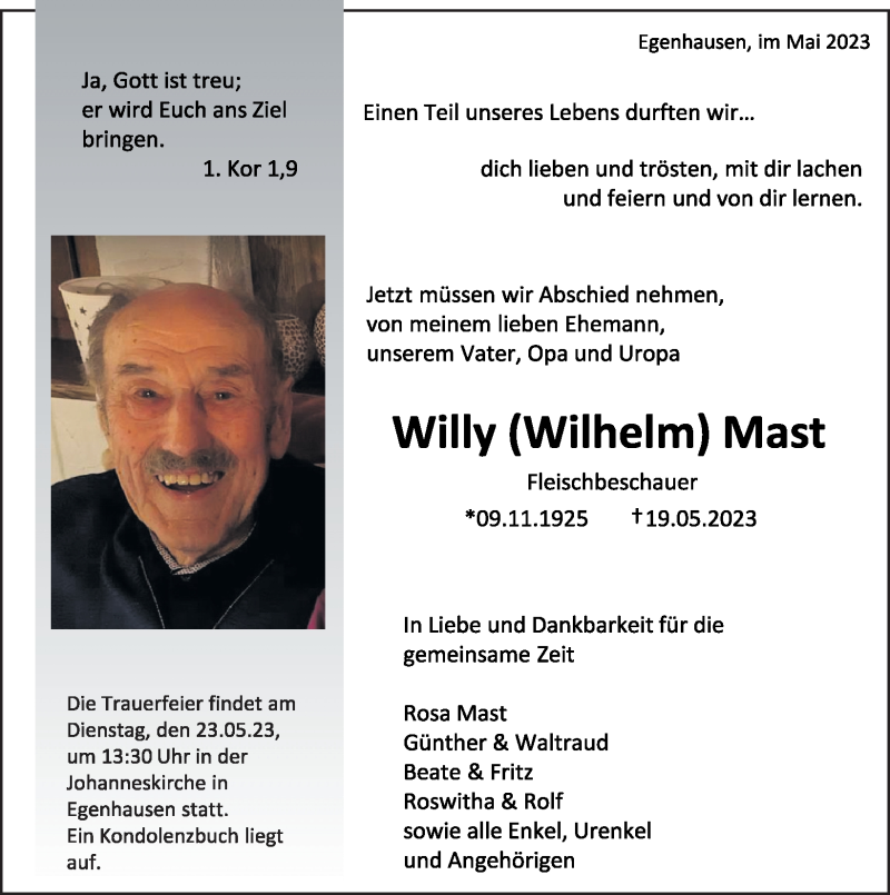 Traueranzeigen von Wilhelm Mast | Schwarzwälder Bote Trauer