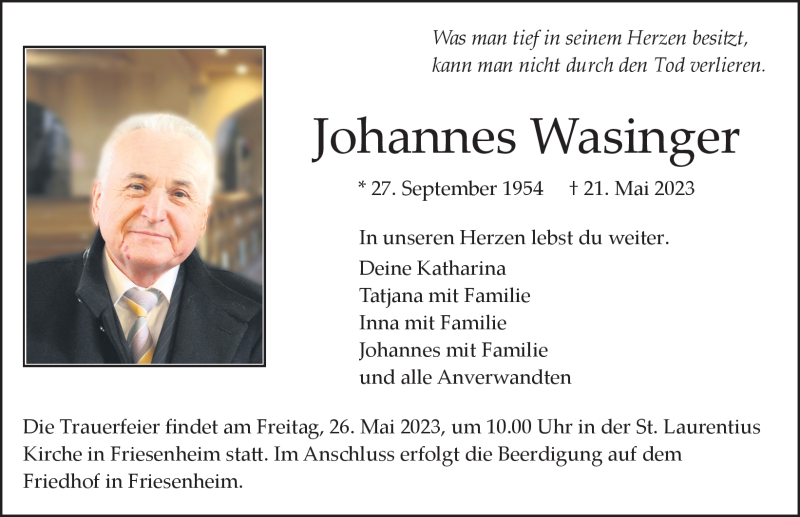 Traueranzeigen von Johannes Wasinger | Schwarzwälder Bote Trauer