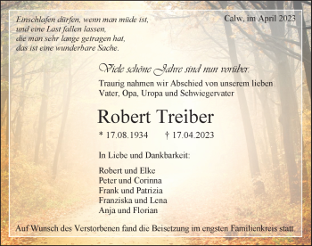Traueranzeigen von Robert Treiber | Schwarzwälder Bote Trauer