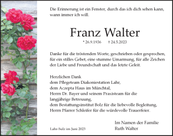 Traueranzeigen von Franz Walter | Schwarzwälder Bote Trauer