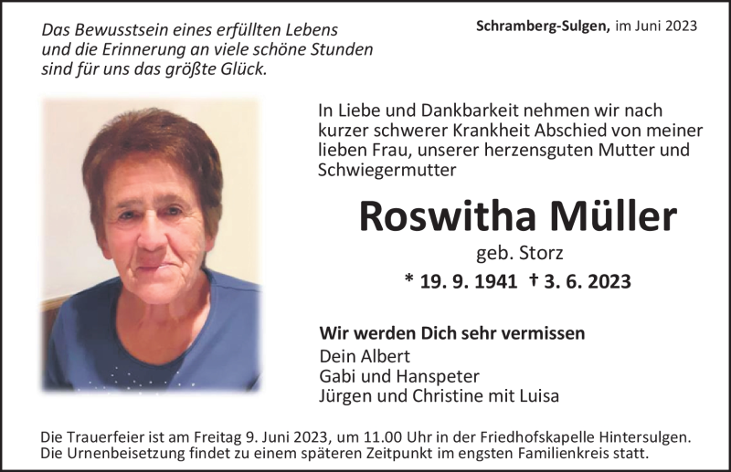 Traueranzeigen von Roswitha Müller | Schwarzwälder Bote Trauer