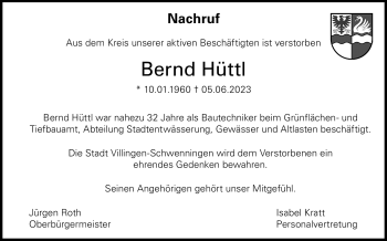 Traueranzeigen von Bernd Hüttl | Schwarzwälder Bote Trauer