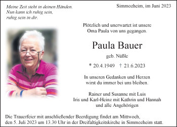 Traueranzeigen von Paula Bauer | Schwarzwälder Bote Trauer